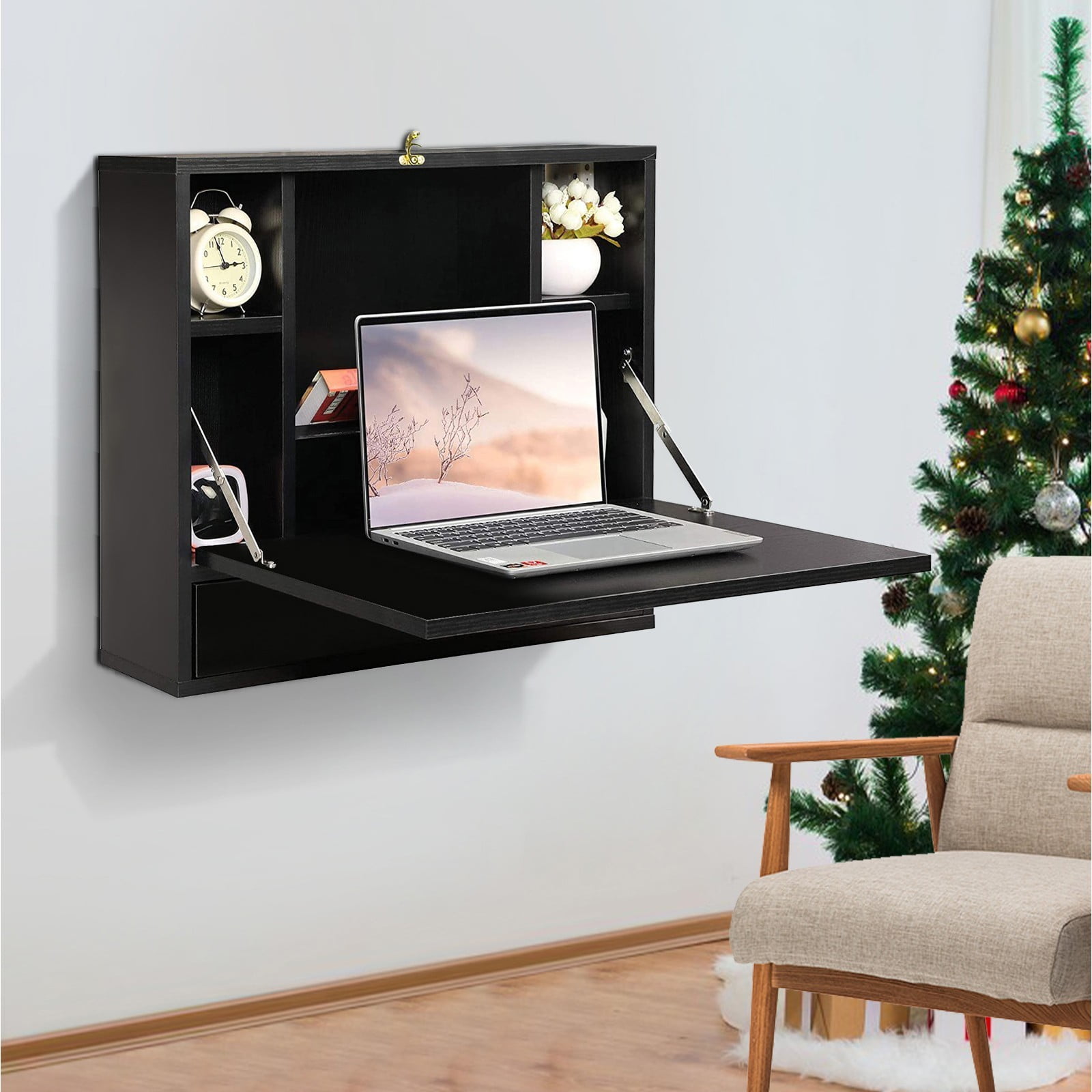 Buy MIARHB Wall Mounted Desk With Storage Shelves Home Computer Table ...
