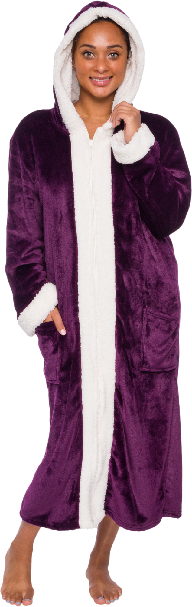 Silver Lilly Womens Zippered Sherpa Trim Fleece Robe with Hood - Warm ...