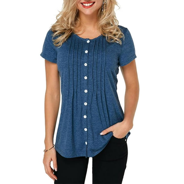Women Summer Button Up Front Tops Shirts Casual Loose Pullover T-shirt ...