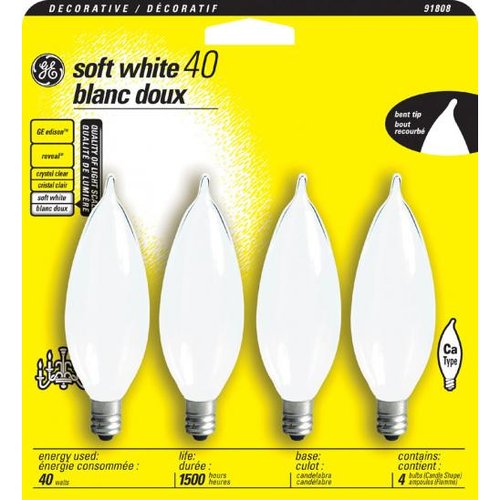 ge 16048 40-watt bent tip candelabra base light bulb, soft white, 4 ...