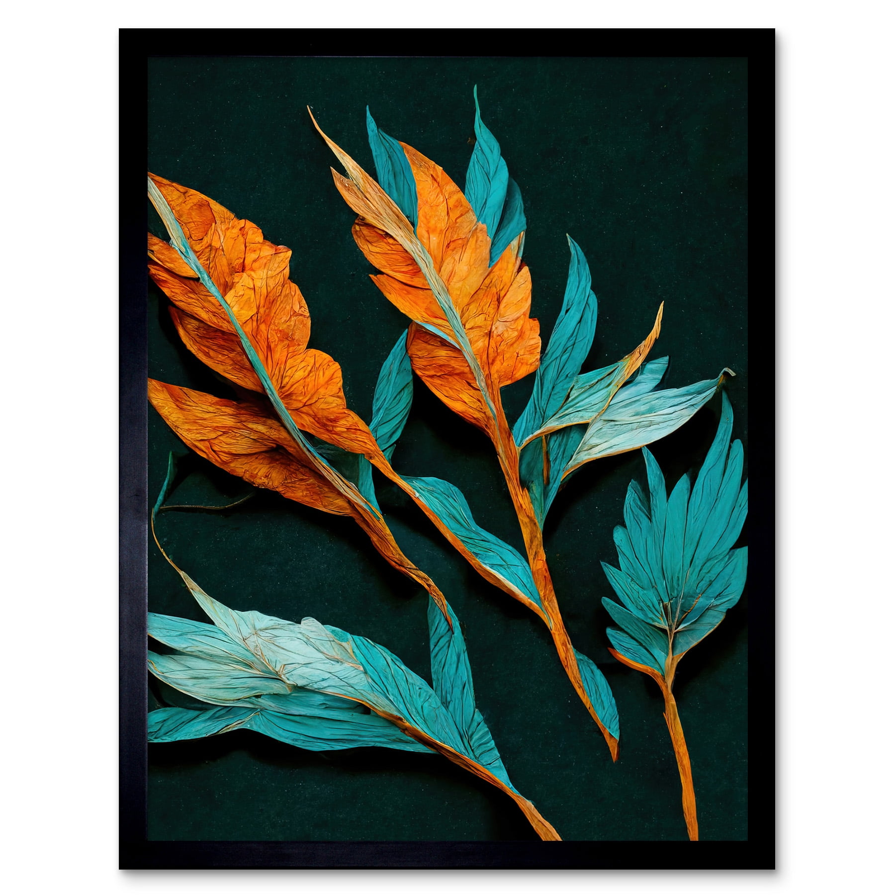 Striking Modern Bright Teal and Orange Detailed Dried Leaves on Black ...