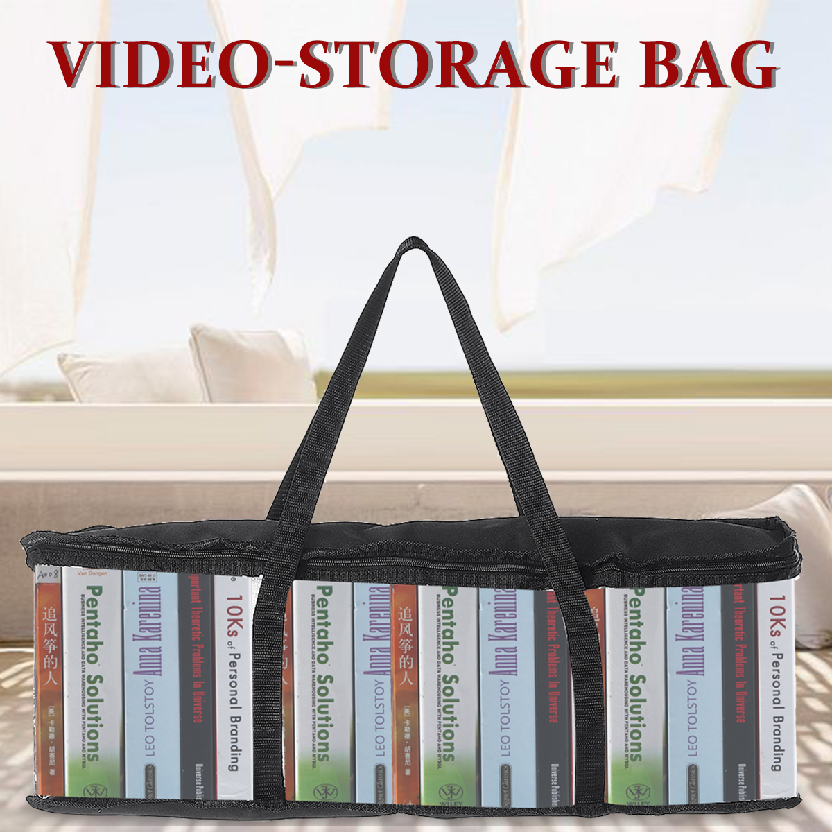 61CM Large Clear Removable Bookshelf Book Tote Bag DVD CD Storage Easy ...