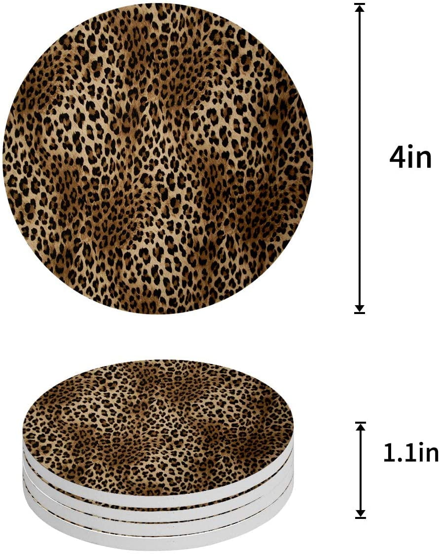 FMSHPON Leopard Print Set of 4 Round Coaster for Drinks, Absorbent ...
