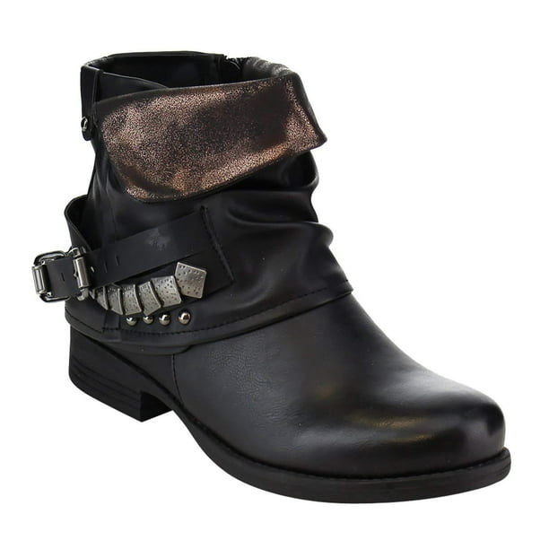 Fourever Funky - Fold-over Slouchy Buckled Strap Studs Ankle Booties ...