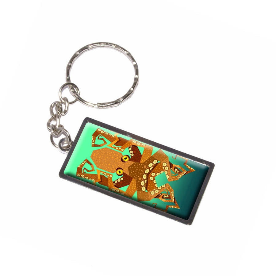 Geometric Octopus Orange Teal Ocean Sea Creature Monster Keychain Key ...
