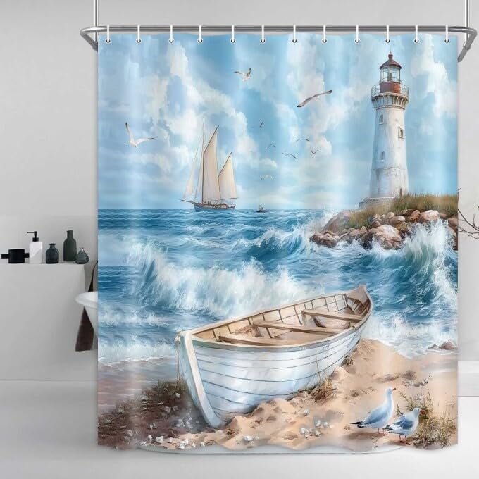 Click here for Deecabin Nautical Coastal Shower Curtain  Beach Oc... prices