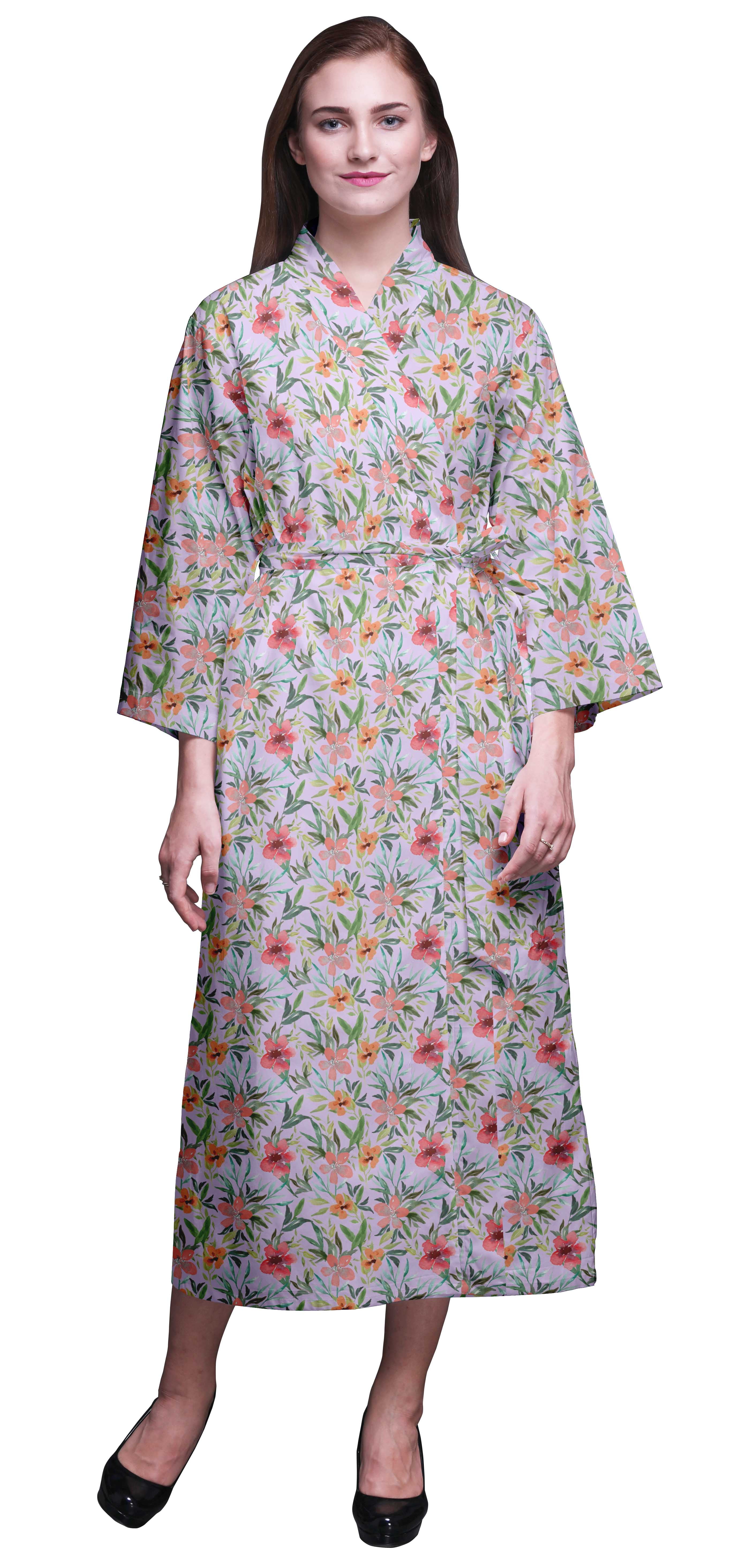 Bimba Light Purple Floral Leaves & Peach Flower Long Robes For Women ...
