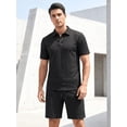 Black Mens Textured Polo Shirt And Shorts Set Casual Summer Knit-Like ...