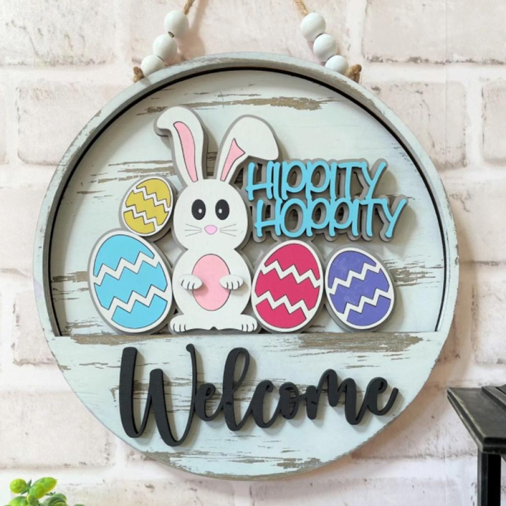Easter Welcome Sign Front Door Decoration Rustic Bunny Round Wood ...