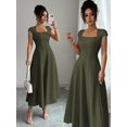 Army Green Womens Square Neck Cinched Waist A-Line Midi Dress For ...