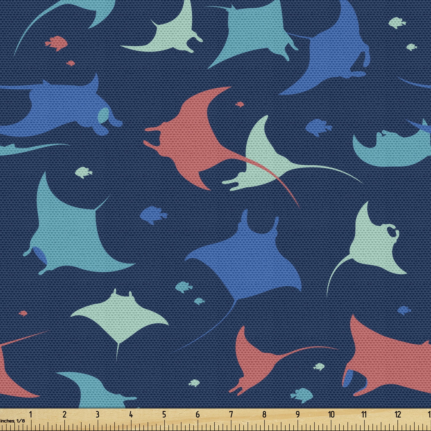 Deep Sea Fabric by the Yard, Colorful Mantas Fish Silhouettes ...
