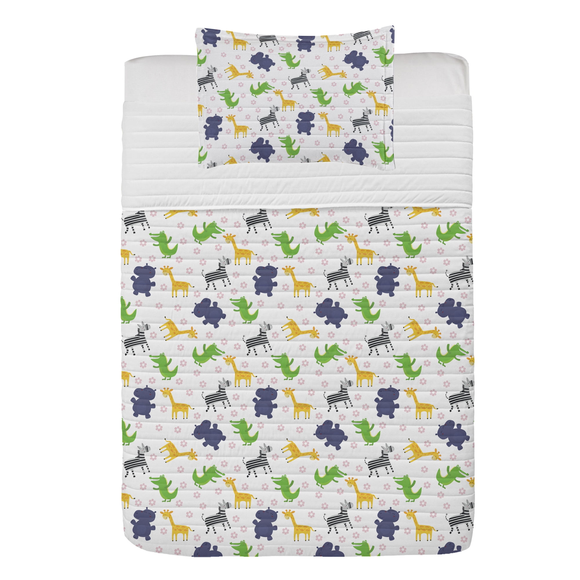 Hippo Microfiber Bedspread Set, Hand Drawn Pattern Cheerful Hippo ...