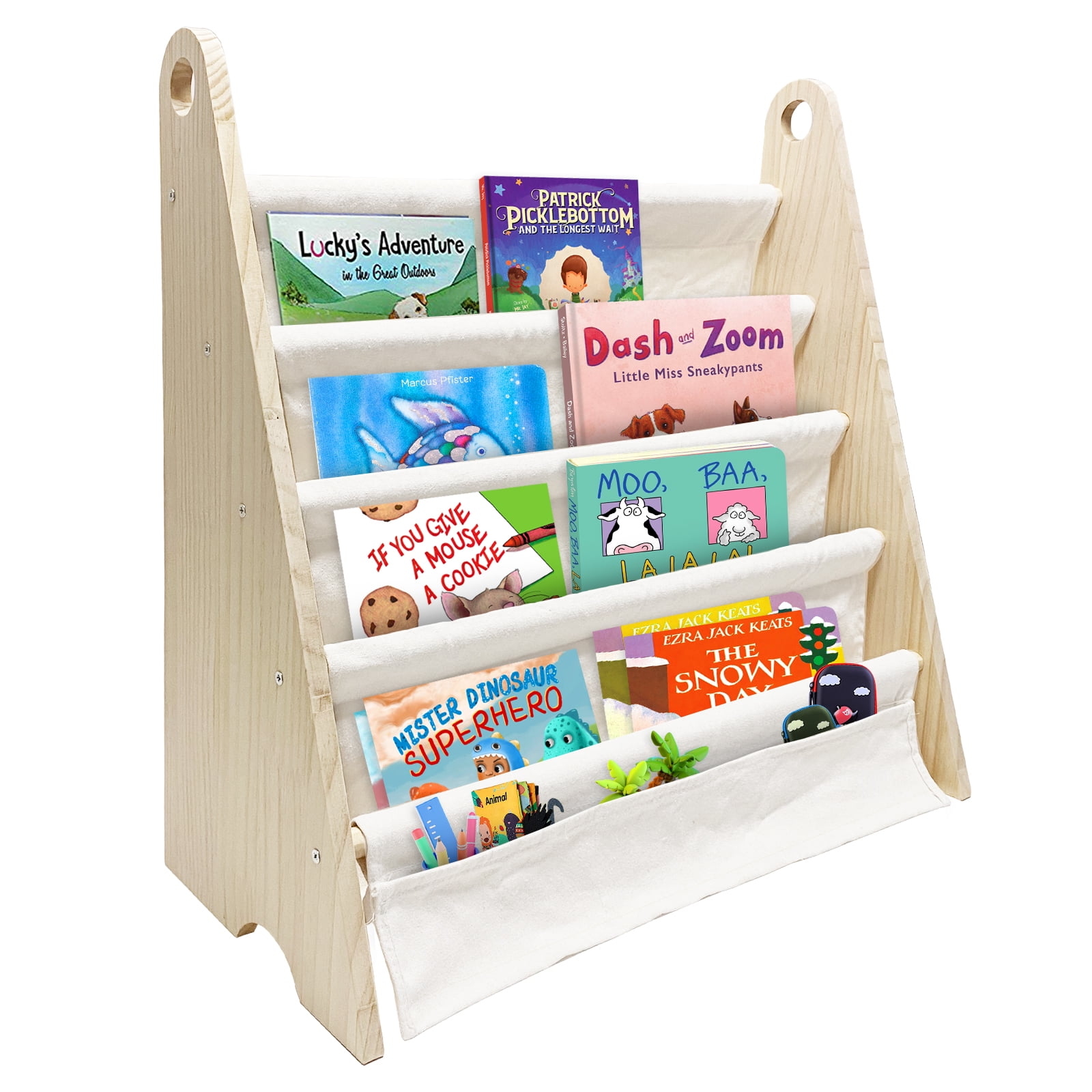 Olizee Kids Bookshelf, Kids Book Rack with Canvas Sling Sleeves, 4 Tier ...