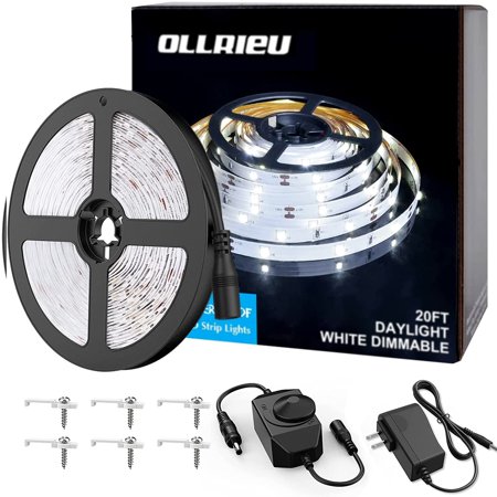 ollrieu White LED Strip Lights, 20ft Super Bright Dimmable Tape Light ...