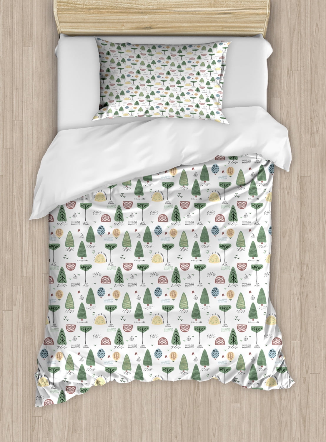 Doodle Twin Size Duvet Cover Set, Hand Drawn Woodland with Bird ...