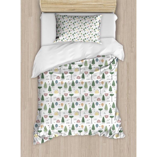 Doodle Twin Size Duvet Cover Set, Hand Drawn Woodland with Bird ...