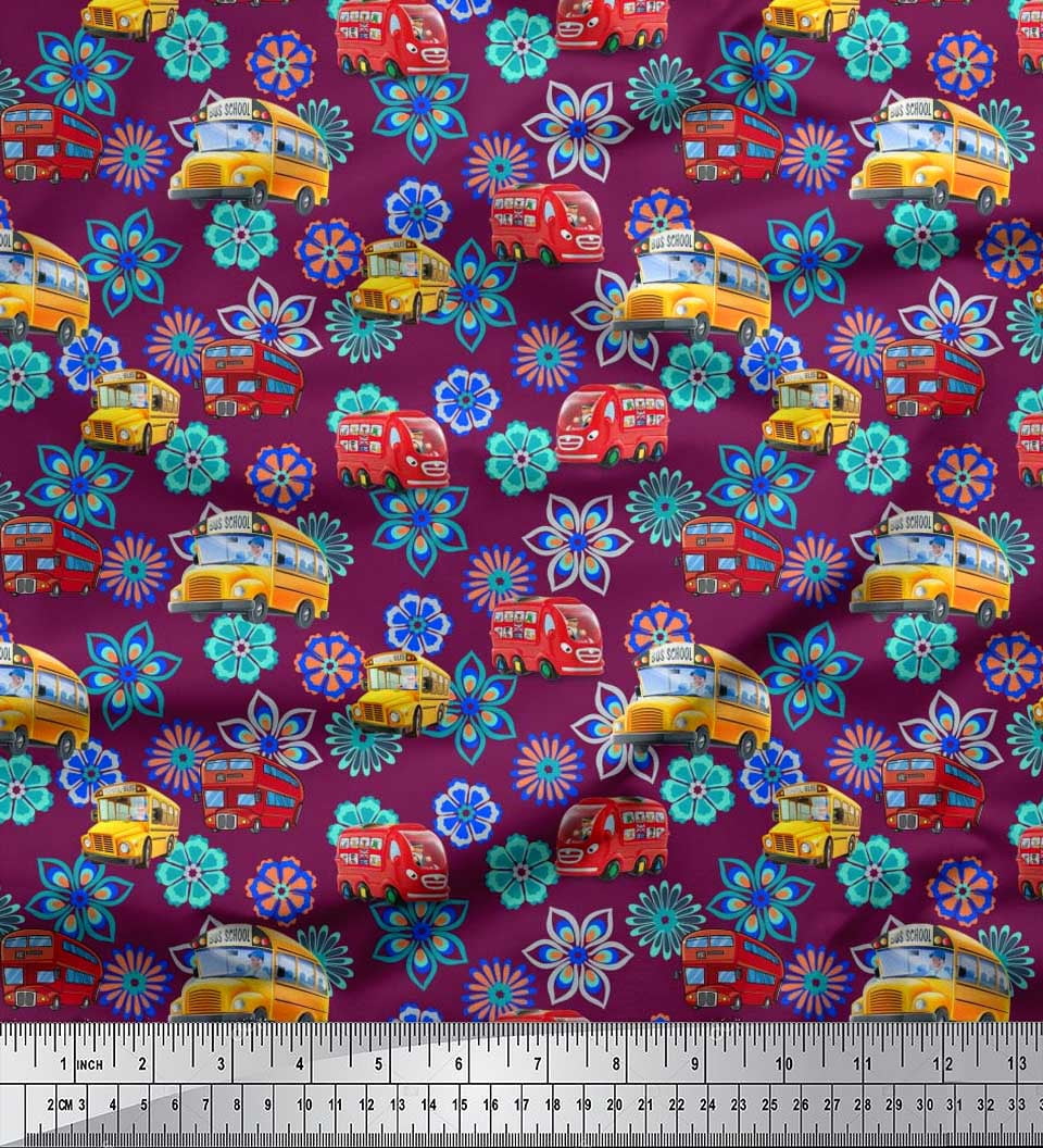 Soimoi Polyester Crepe Fabric Artistic Floral & School Bus Kids Print ...