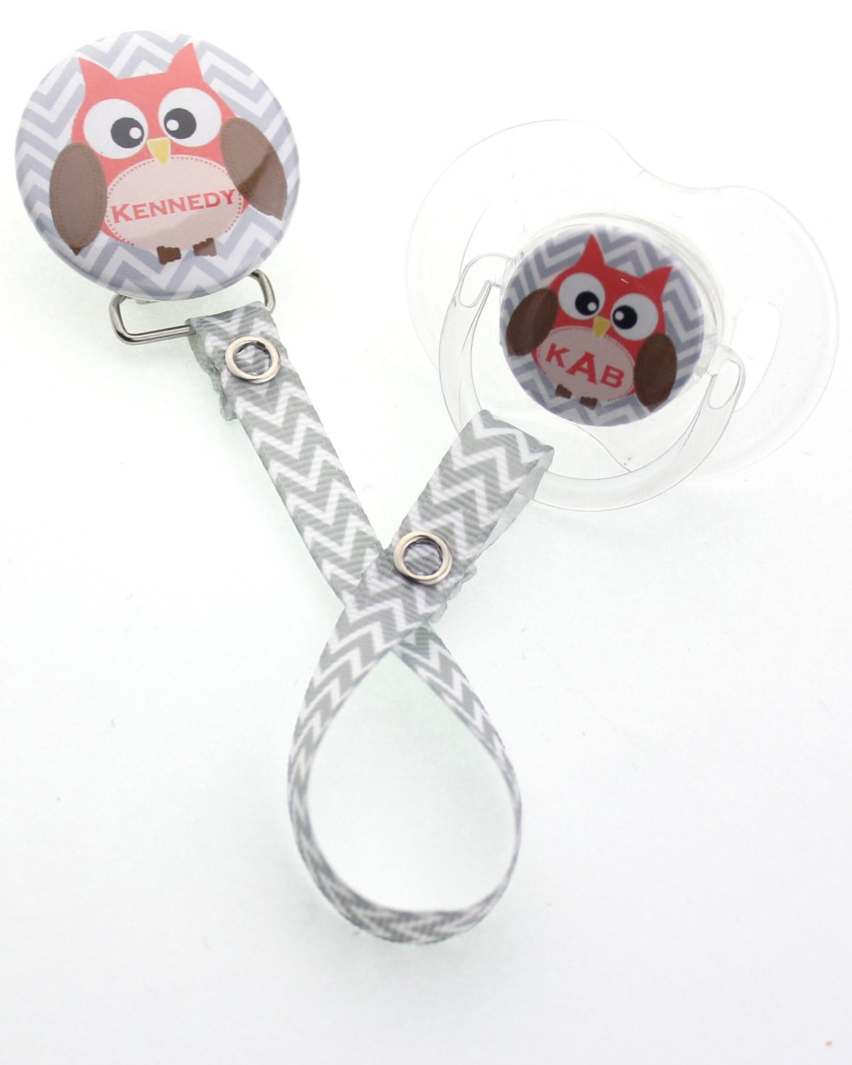 Personalized Name and/or Monogram Grey Chevron with Owl Pacifier Clip ...