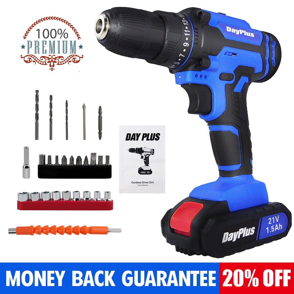 Dayplus 21V Electric Impact Drill Cordless Drill / Driver Bits Set 2 ...