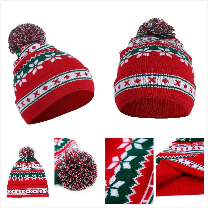 Snowflake Knitted Beanie Hat Women Men Thick Warm Winter Hats Pompom ...