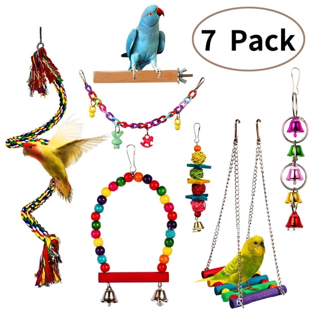 Birds Swing Toys, 7 Pcs Colorful Parrots Chewing Hanging Hammock Swing ...