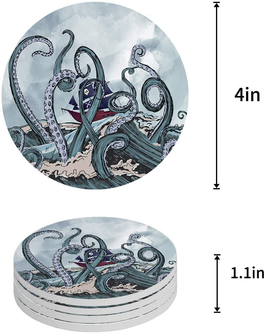 FMSHPON Octopus Set of 4 Round Coaster for Drinks, Absorbent Ceramic ...