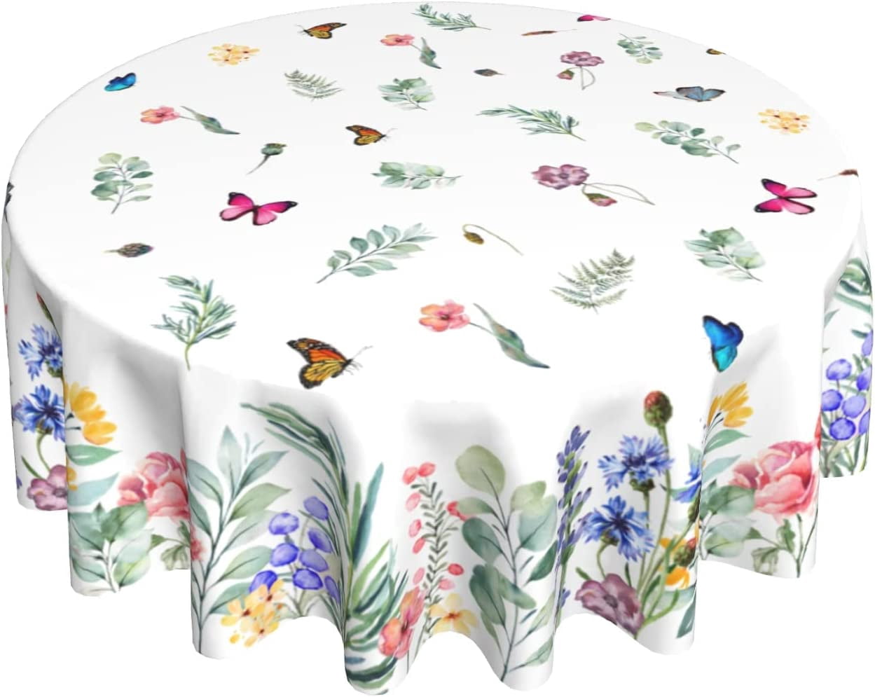Spring Summer Floral Tablecloth Round 60 Inch Watercolor Butterfly ...
