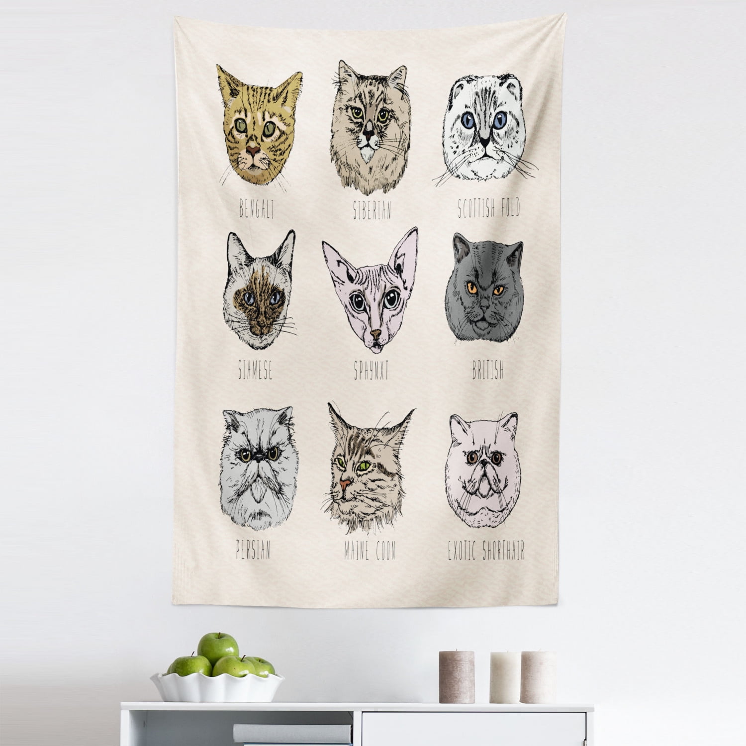 Indie Tapestry, Different Breeds Cat Portraits in Doodle Style and ...