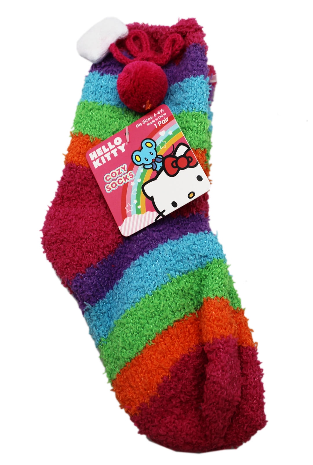 Hello Kitty Fuzzy Cozy Dark Colorful Striped Kids Socks (1 Pair, Size 6 ...
