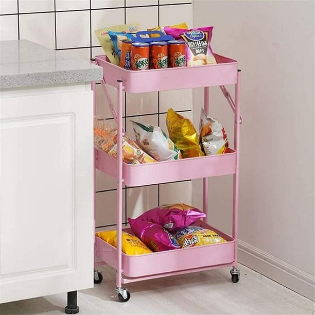 3 Tier Rolling Cart, Cosmetic Pink Rolling Cart Storage Organizer with ...