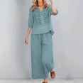 3/4 Sleeve Embroidered Linen Set for Women, V-Neck Cotton Blend Top ...