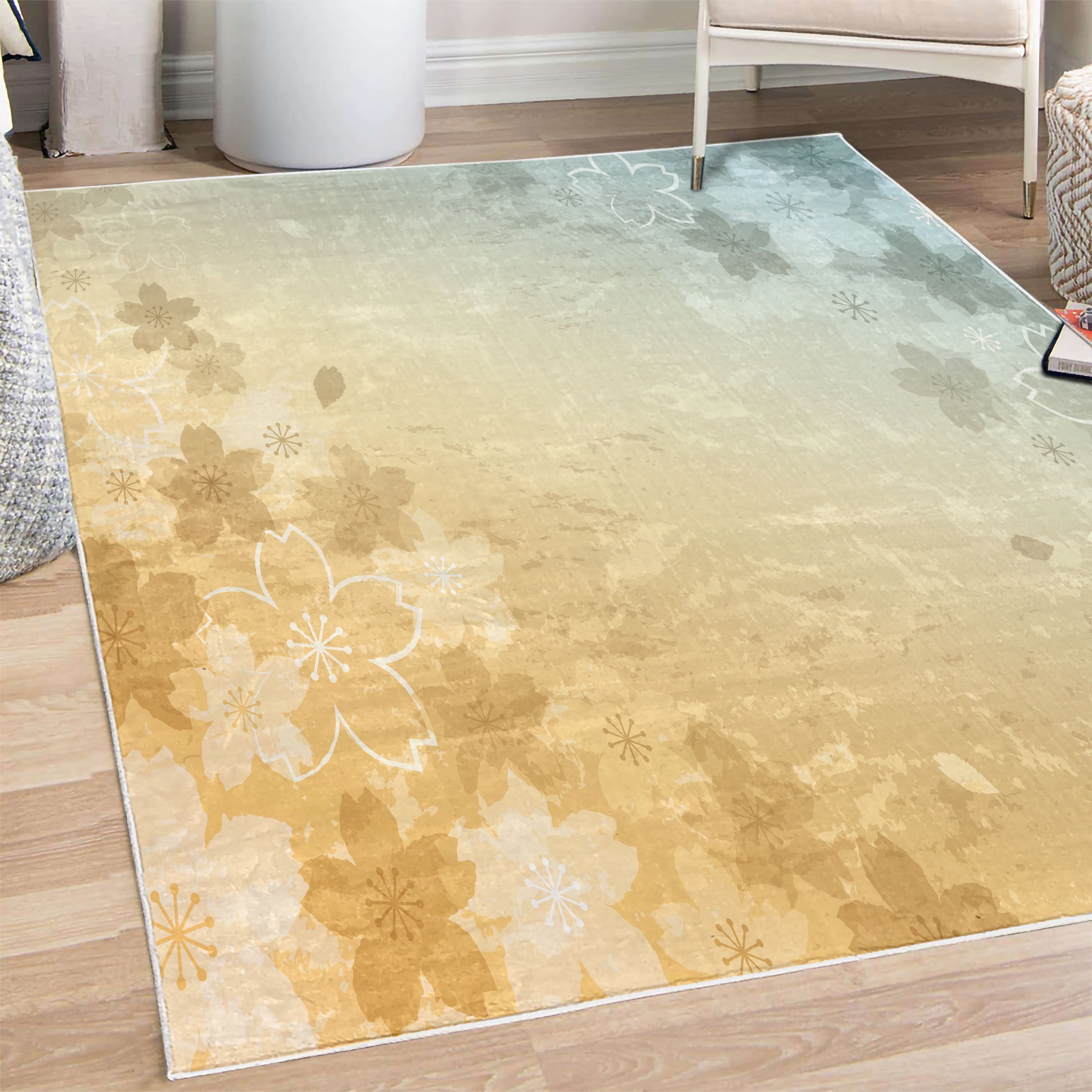 Nature Decorative Rug, Cherry Blossoms Pattern in Shabby Form Style ...