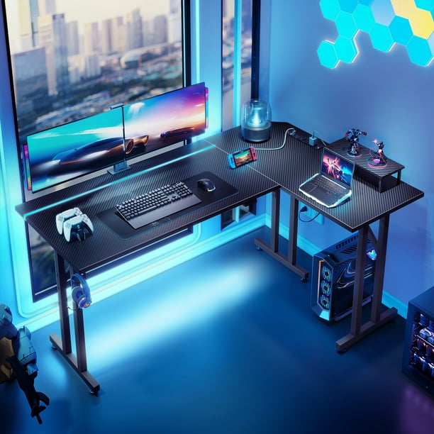 51 inch Gaming Desk with LED Lights Power Outlet Gaming Table with Movable Monitort Shelf Kids Desk Gift for Boys Men Home Office Desk with