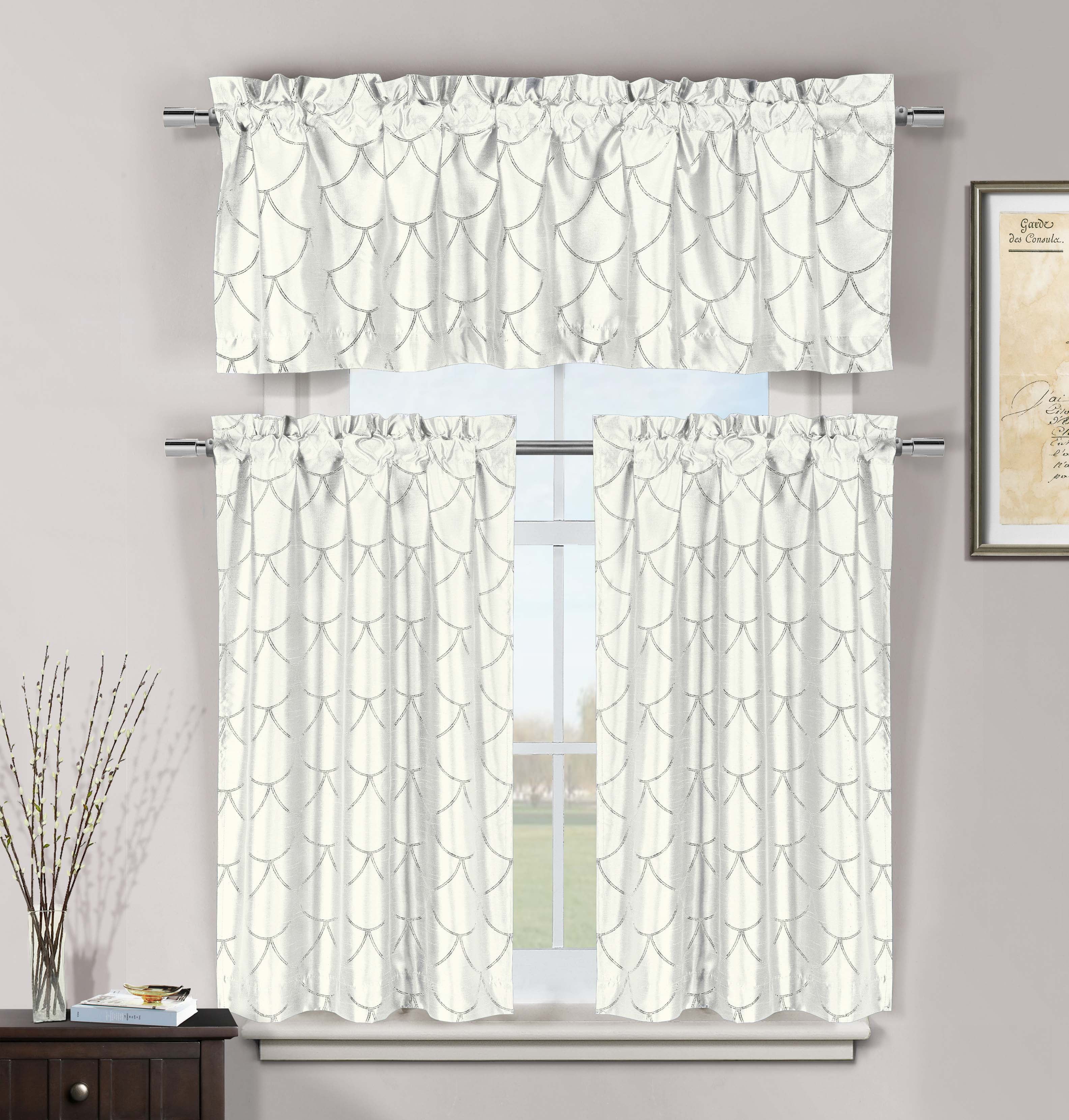 White 3 Pc Kitchen Window Curtain Set: Faux Silk, Metallic Raised Pin ...