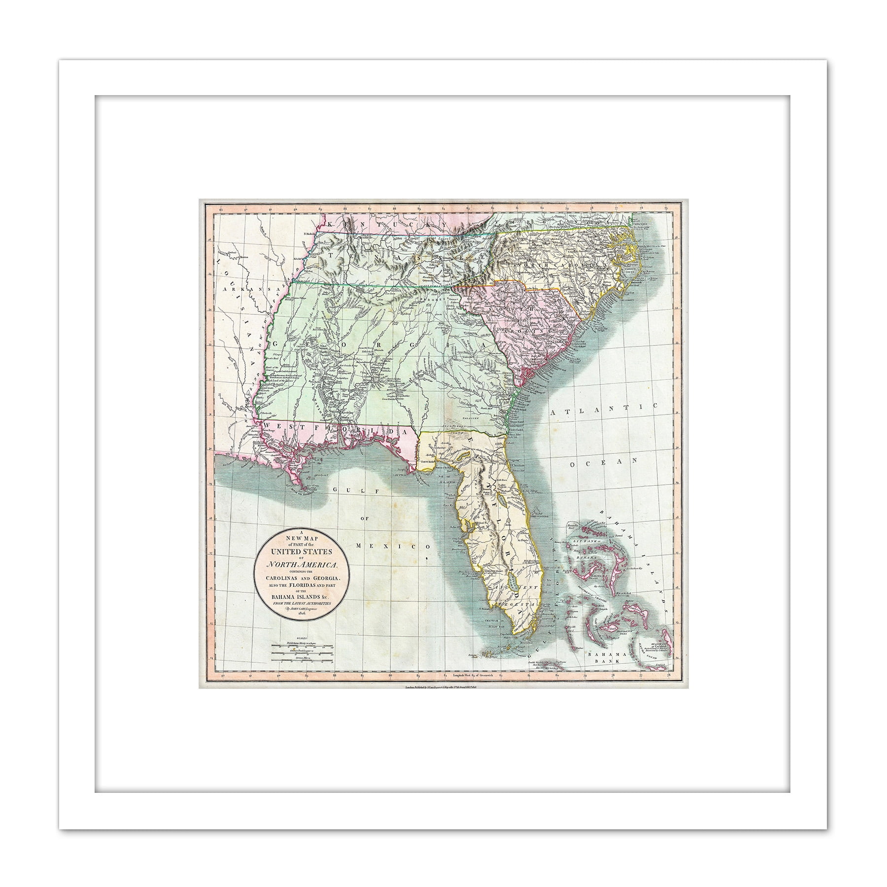 Map 1806 Cary Carolinas Georgia Florida 8X8 Inch Square Wooden Framed ...