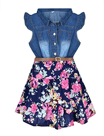 Lochas Girls Dresses Denim Floral Swing Skirt with Belt Girls Fashion ...