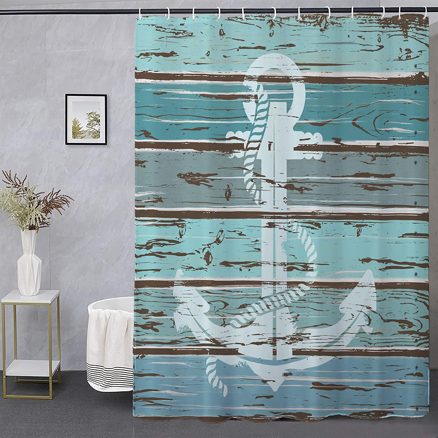 Anchor Shower Curtain Timeworn Wooden Planks Ocean Country Nautical ...