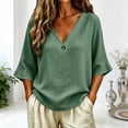idosla Womens 3/4 Sleeve Linen Shirt Button V Neck Loose Fit Tops ...