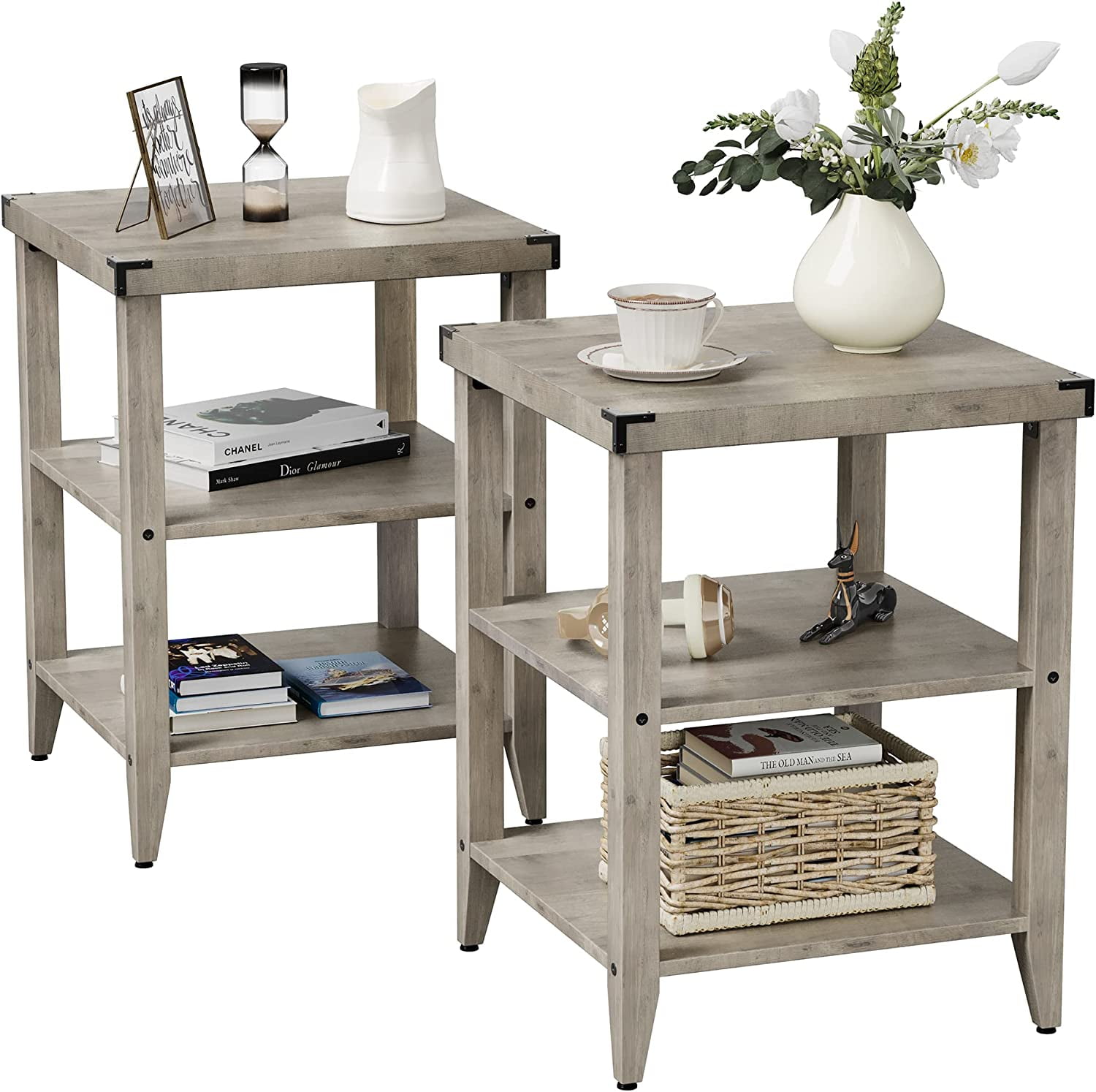 2Pcs End Table Rustic Side Table with Storage Shelf for Small Spaces ...
