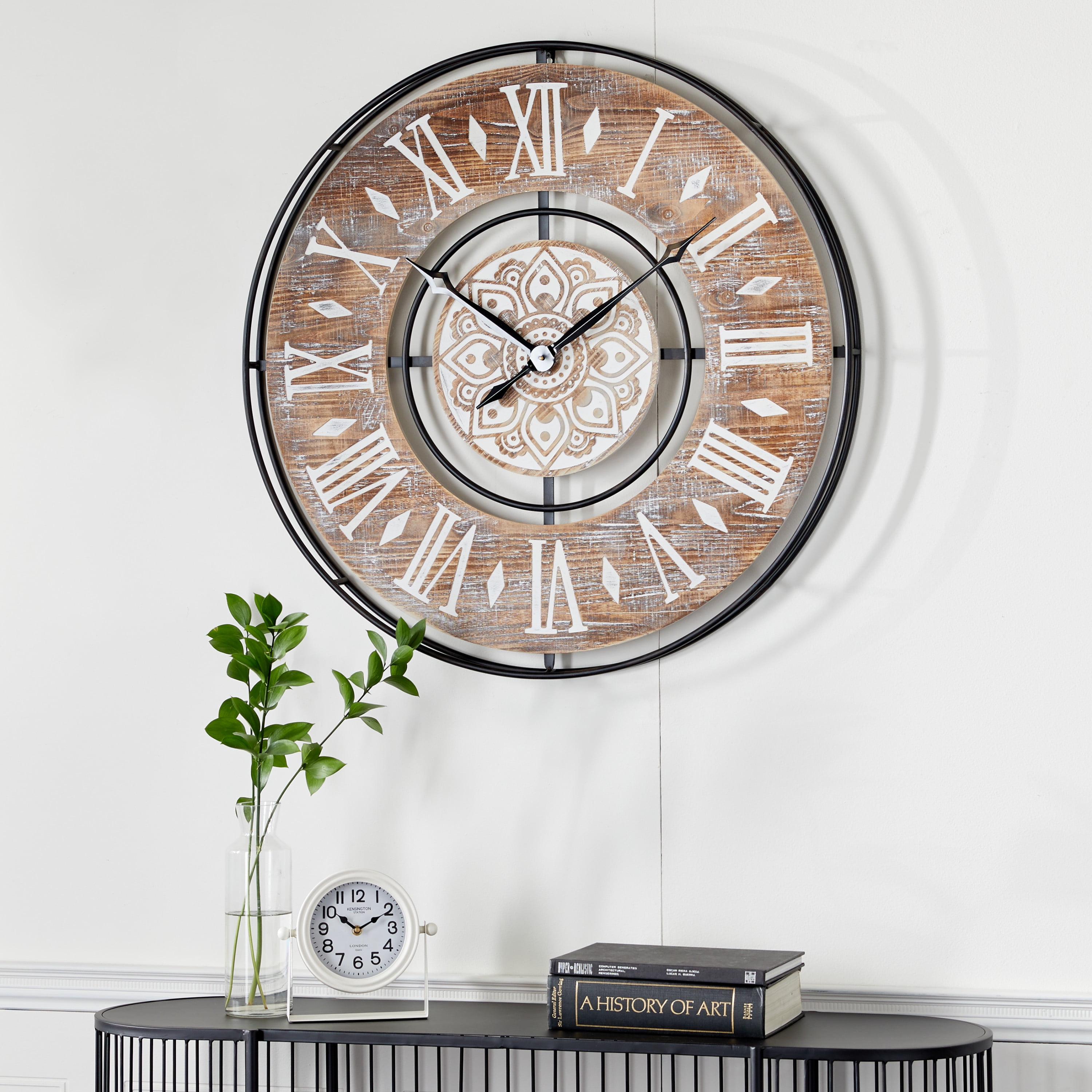 DecMode 34" Brown Metal Wall Clock with Wood Accents - Walmart.com