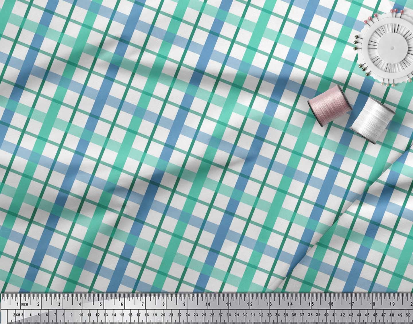 Soimoi Green Satin Silk Fabric Window Pane Check Print Fabric by the ...