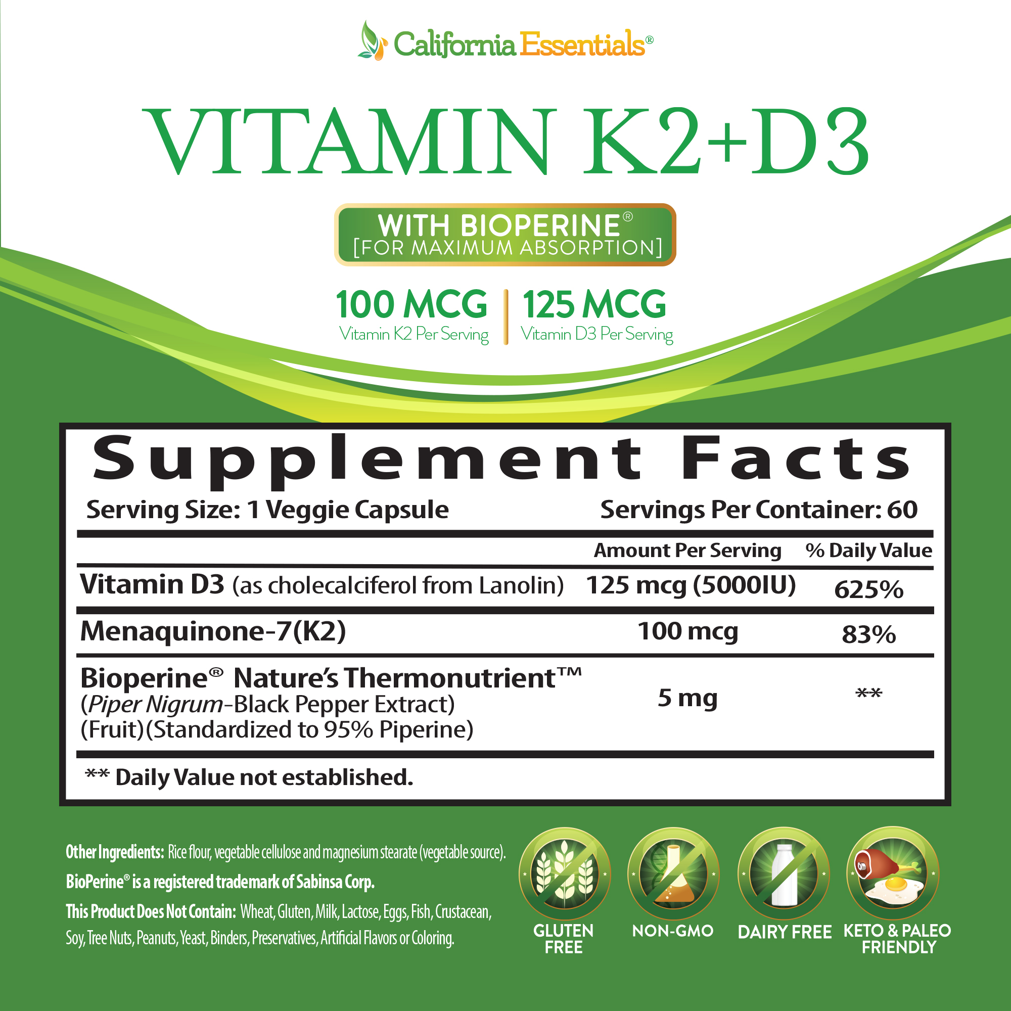Buy California Essentials Vitamin K2 D3 5000IU with Bioperine Heart ...