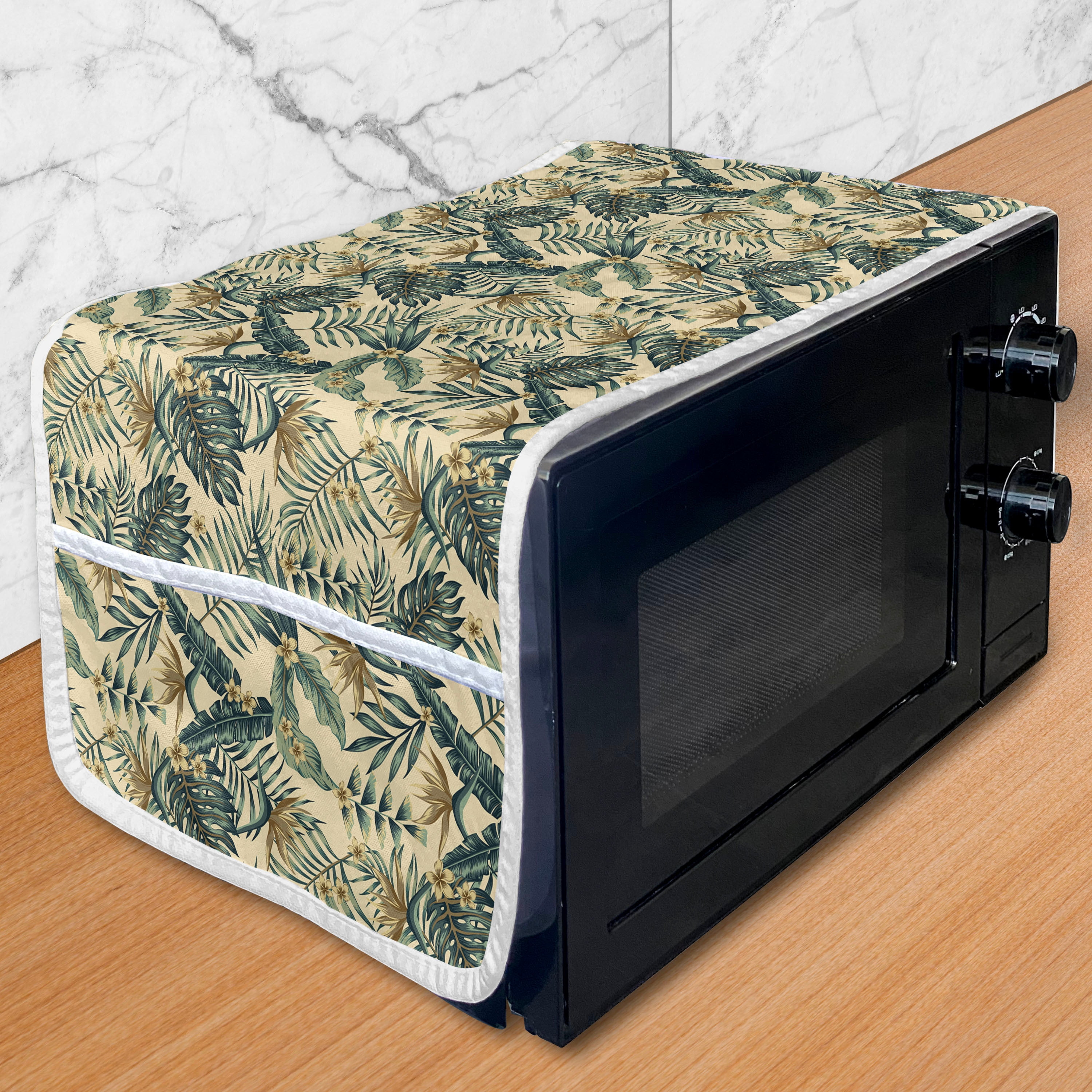 Jungle Microwave Oven Cover, Exotic Foliage Plants Hibiscus in Earth Tones Monstera Palms ...