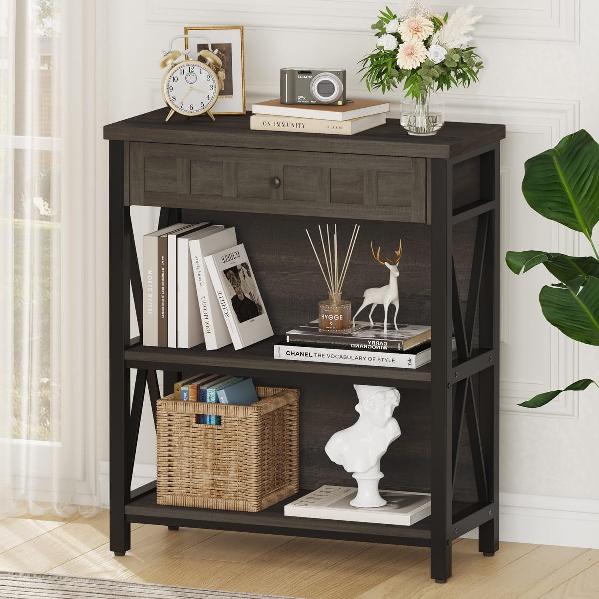 Small Bookcase, Wood and Metal Low Short Bookshelf, Industrial Book ...