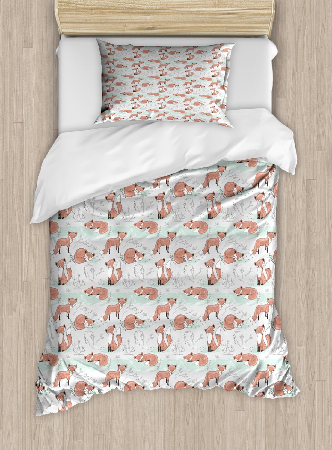 Fox Duvet Cover Set Twin Size, Woodland Forest Wildlife Theme with ...