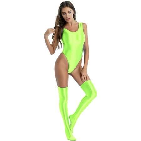 veeki Womens Glossy Swimsuit Sexy Shiny Silk High Cut Thongs Bodysuit with Short Stockings ...