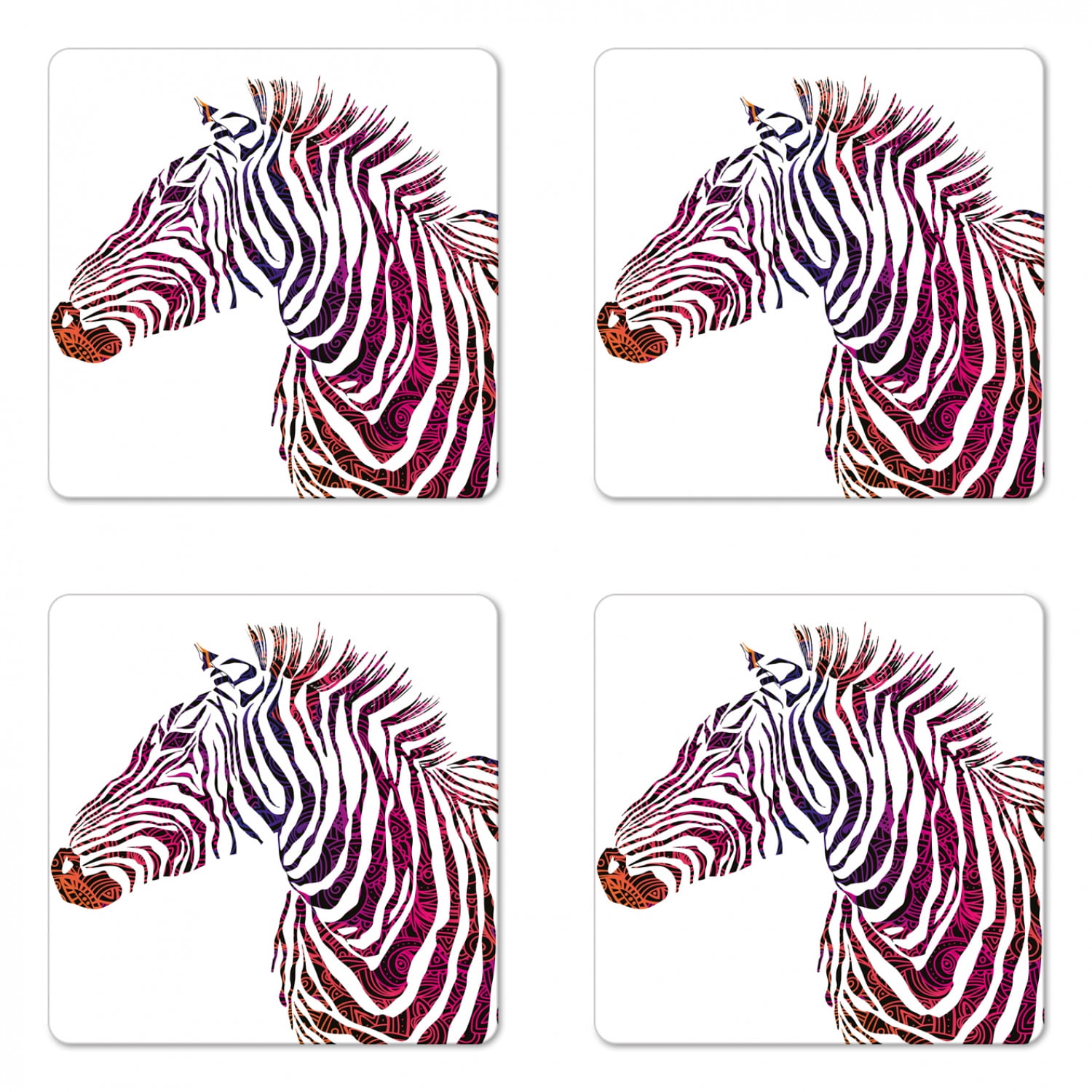 Animal Coaster Set of 4, Ornamental Zebra Profile Silhouette Striped ...