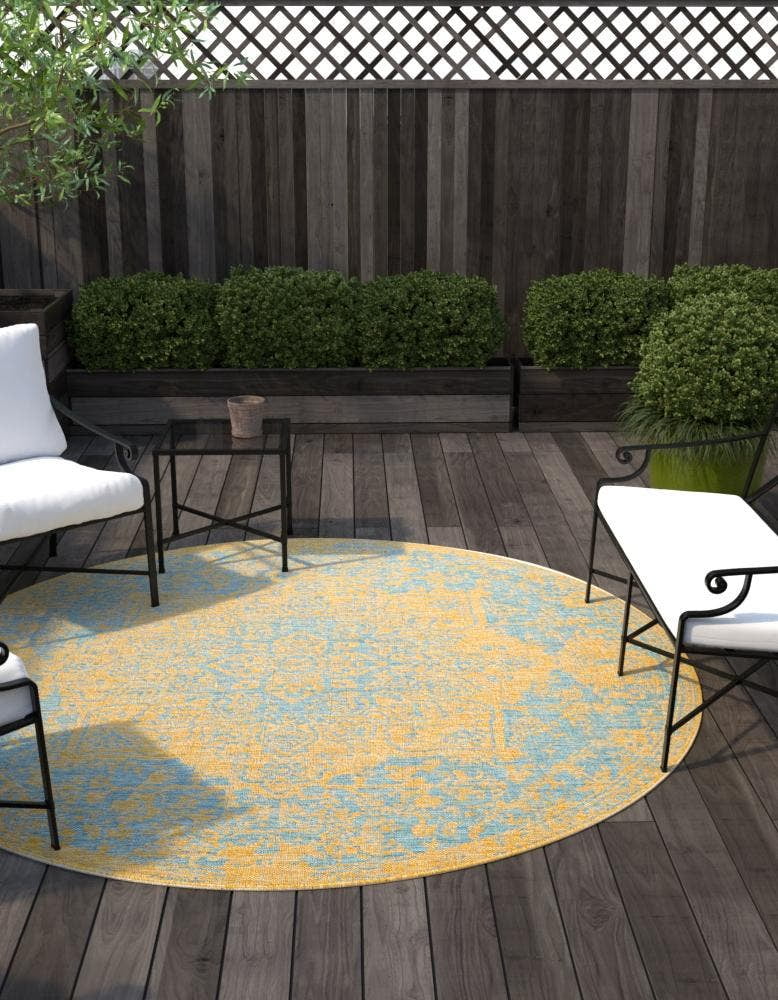 Rugs.com Jill Zarin Outdoor Collection Rug – 13' Round Yellow And Aqua ...