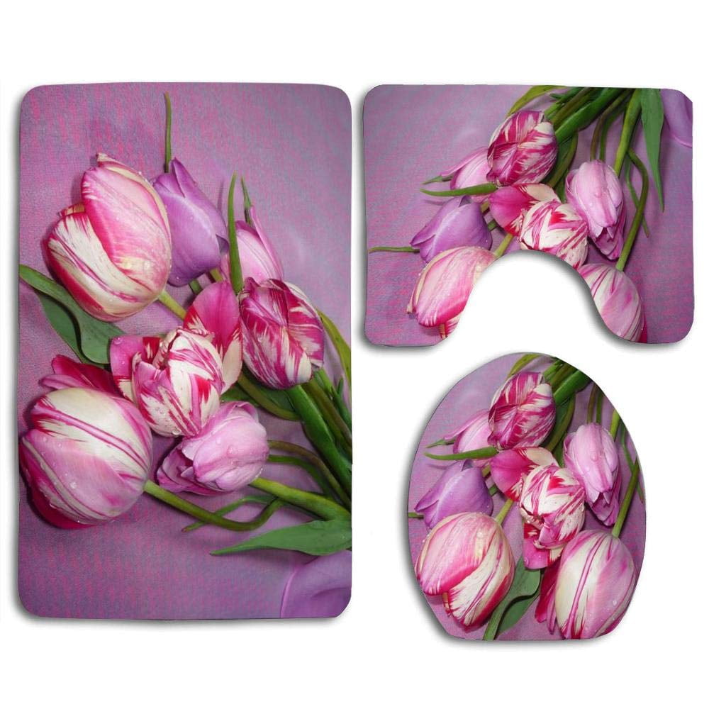 CHAPLLE Bouquet Pink Tulips 3 Piece Bathroom Rugs Set Bath Rug Contour ...