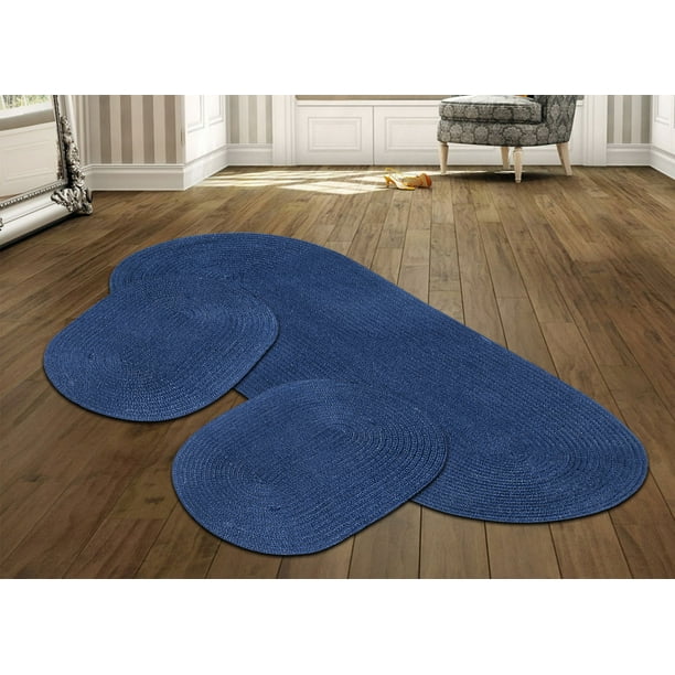 Better Trends Country 3 Piece Polypropylene Dark Blue Solid Braided Rug ...